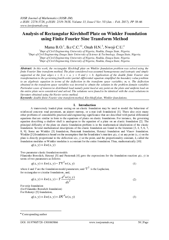 Pdf Analysis Of Rectangular Kirchhoff Plate On Winkler Foundation Using Finite Fourier Sine