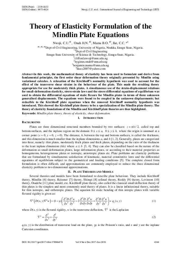 (PDF) Theory of Elasticity Formulation of the Mindlin Plate Equations