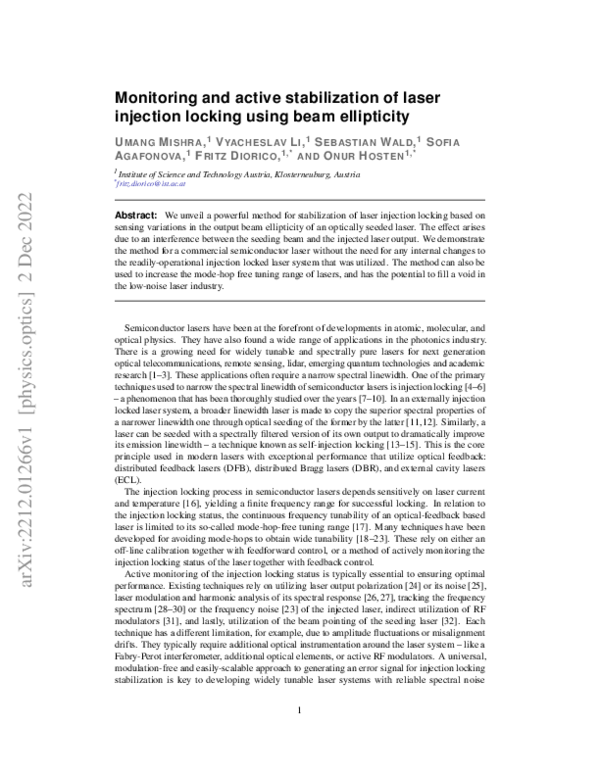 (PDF) Monitoring and active stabilization of laser injection locking ...