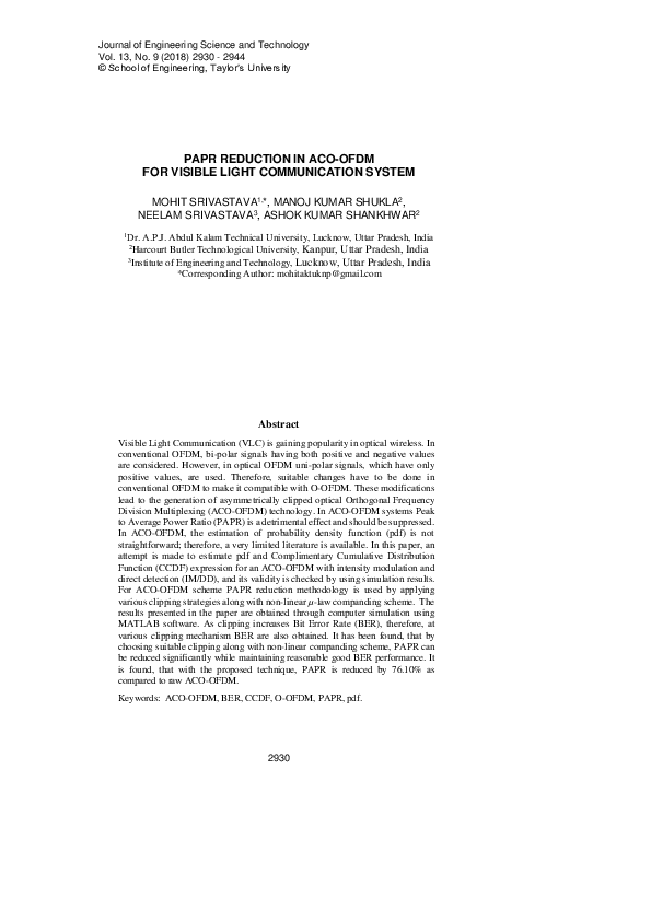 Pdf Papr Reduction In Aco Ofdm For Visible Light Communication System