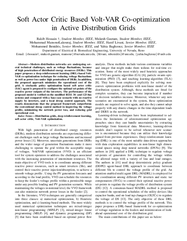 (PDF) Soft Actor Critic Based Volt-VAR Co-optimization in Active Distribution Grids