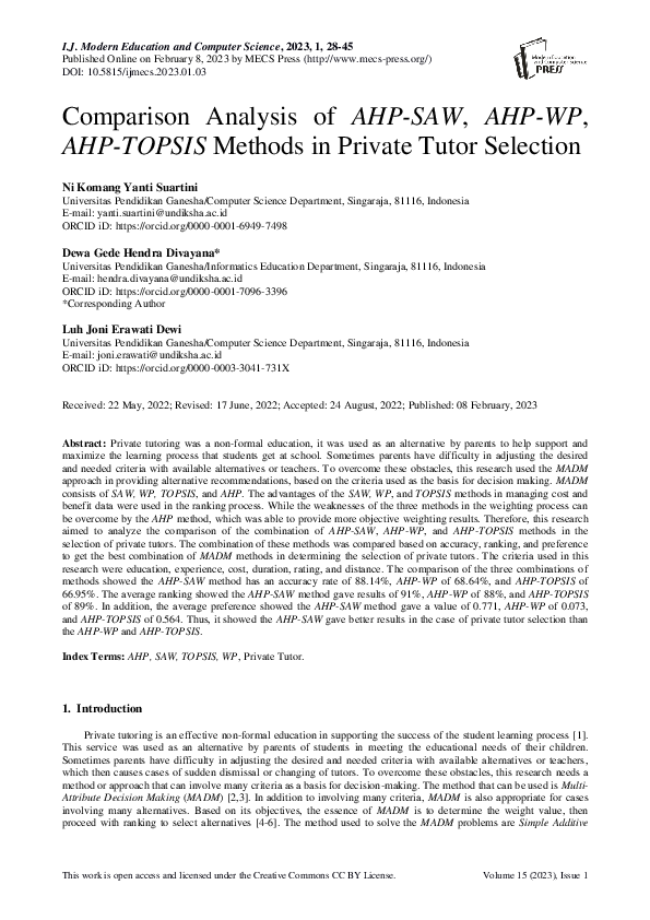 (PDF) Comparison Analysis of AHP-SAW, AHP-WP, AHP-TOPSIS Methods in Private Tutor Selection