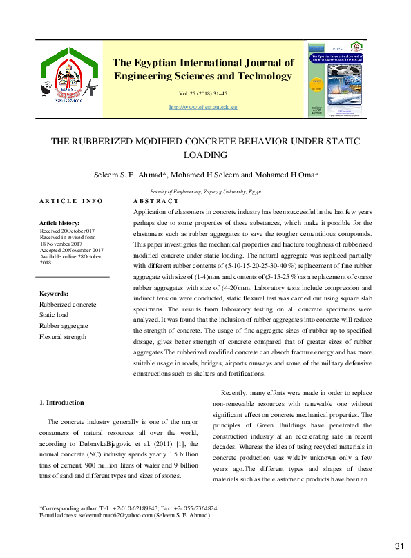 (PDF) The Rubberized Modified Concrete Behavior Under Static Loading