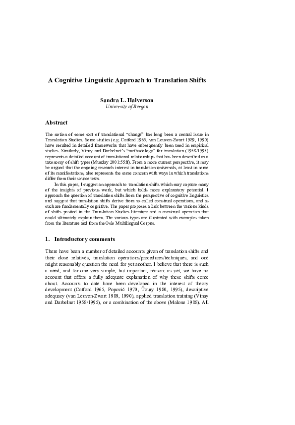Pdf A Cognitive Linguistic Approach To Translation Shifts