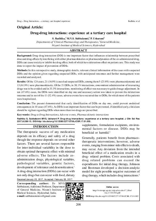 Pdf Drug Drug Interactions Experience At A Tertiary Care Hospital