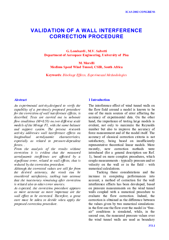 (PDF) Validation of a Wall Interference Correction Procedure in Subsonic Flow