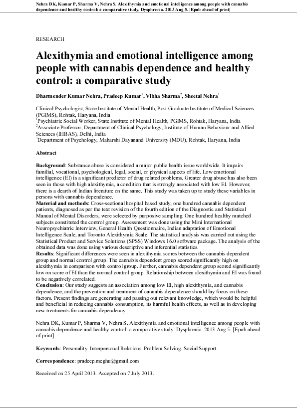 (PDF) Alexithymia and emotional intelligence among persons with alcohol ...