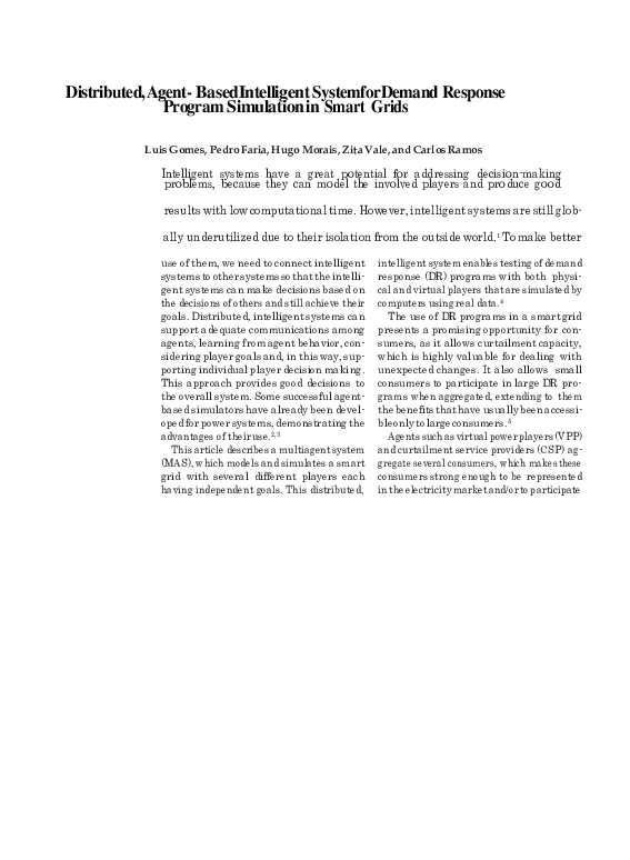 Pdf Distributed Agent Based Intelligent System For Demand Response Program Simulation In