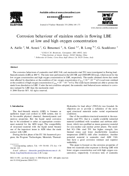 (PDF) Corrosion behaviour of stainless steels in flowing LBE at low and high oxygen concentration