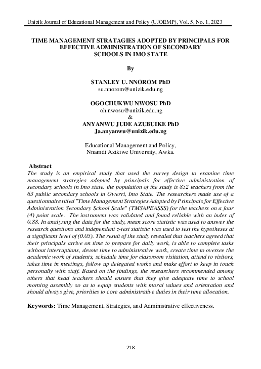 (PDF) TIME MANAGEMENT STRATAGIES ADOPTED BY PRINCIPALS FOR EFFECTIVE ...