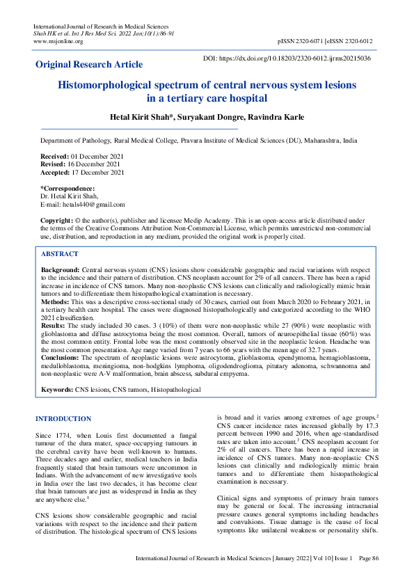 (PDF) Histomorphological spectrum of central nervous system lesions in a tertiary care hospital
