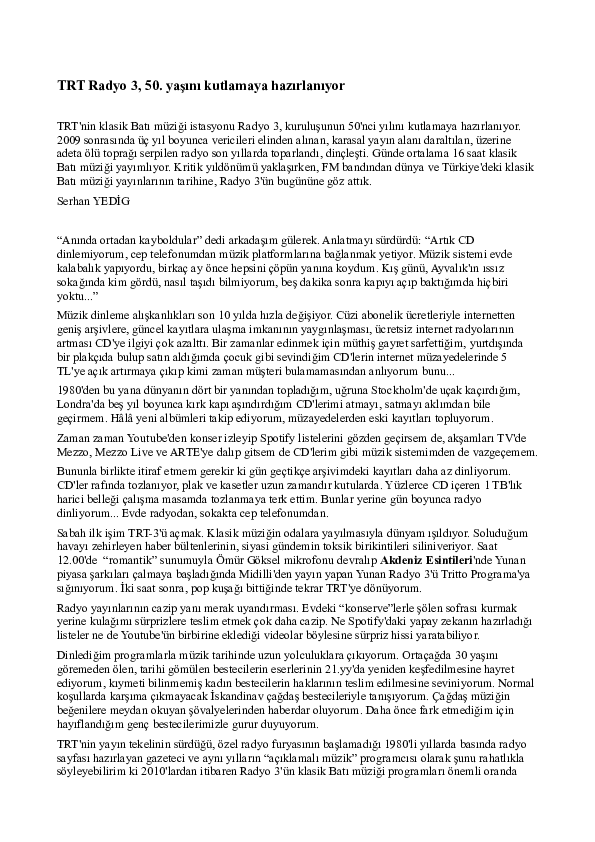 Radyo 3 ve klasik Batı müziği programları