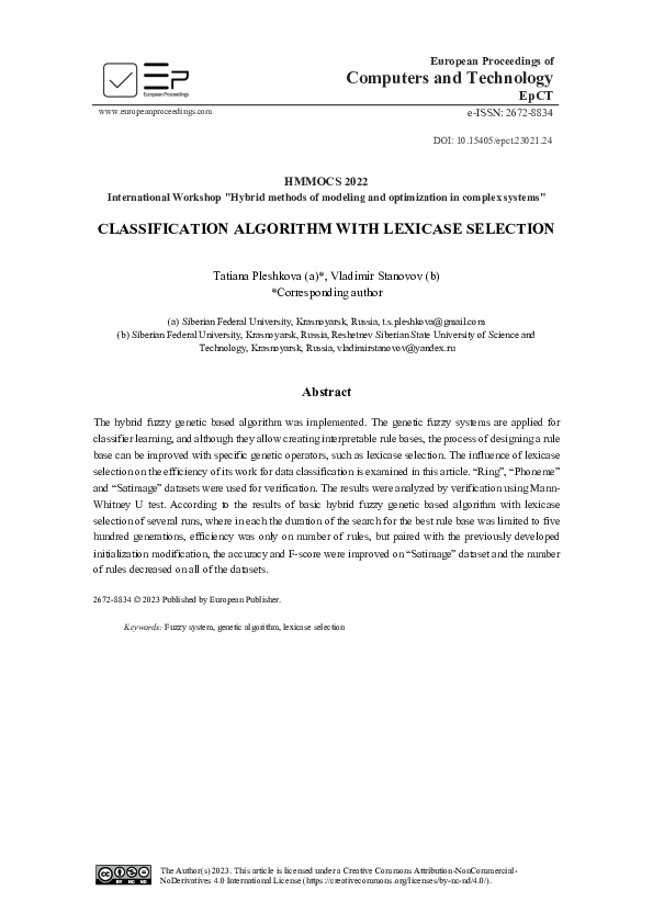 (PDF) Classification Algorithm With Lexicase Selection