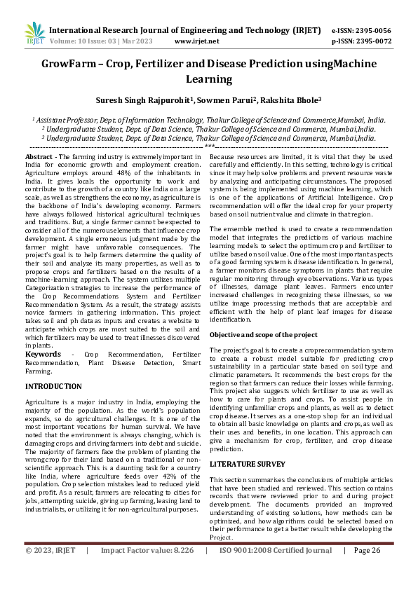 (PDF) GrowFarm -Crop, Fertilizer and Disease Prediction using Machine ...