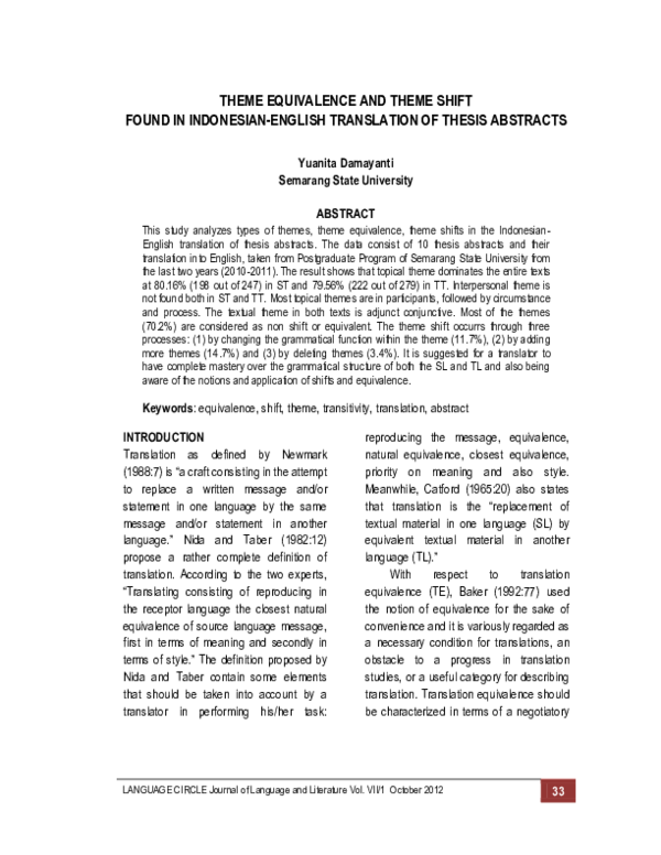 (PDF) Theme Equivalence and Theme Shift Found in Indonesian-English Translation of Thesis Abstracts
