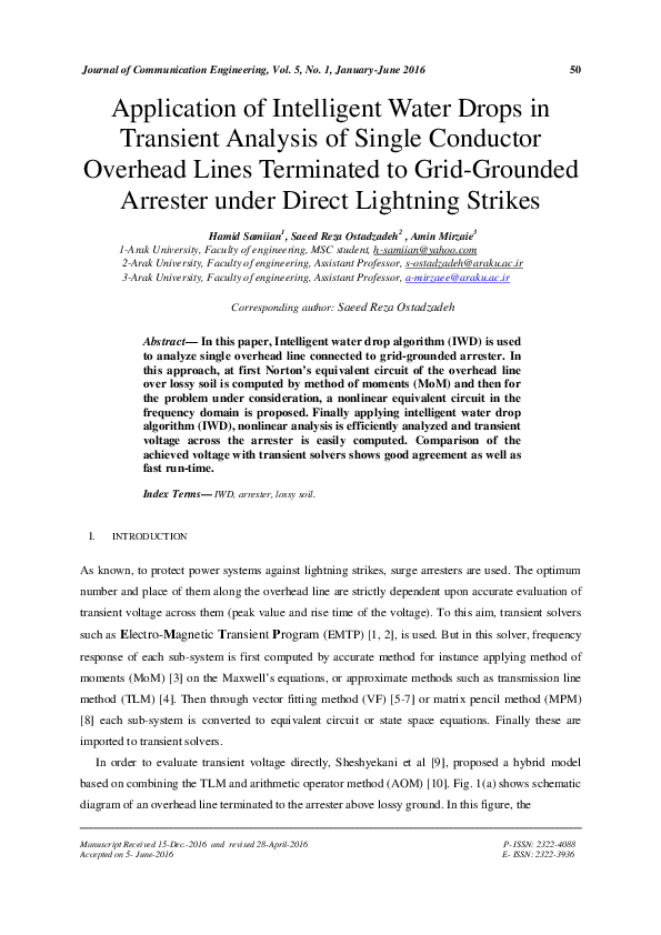 (PDF) Application of Intelligent Water Drops in Transient Analysis of Single Conductor Overhead ...