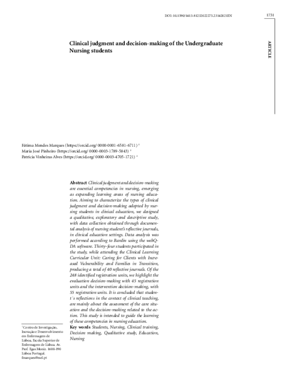 (PDF) Clinical judgment and decision-making of the Undergraduate Nursing students