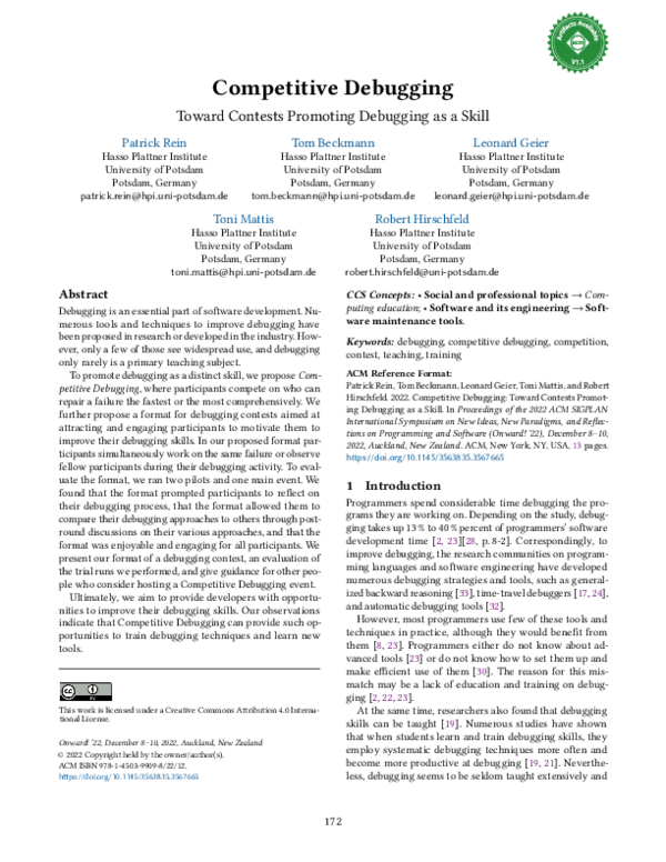 (PDF) Competitive Debugging: Toward Contests Promoting Debugging as a Skill