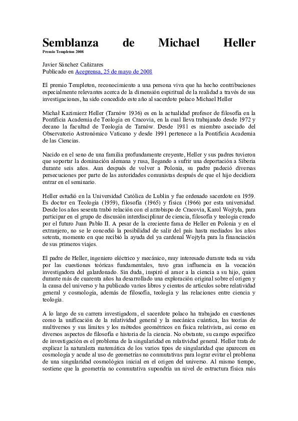 (PDF) Semblanza de Michael Heller