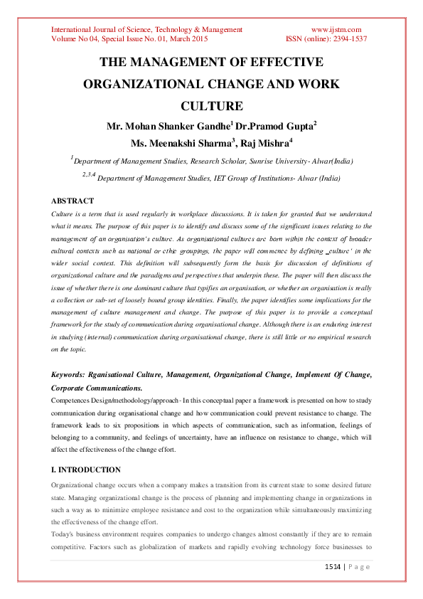 (PDF) The Management of Effective Organizational Change and Work Culture