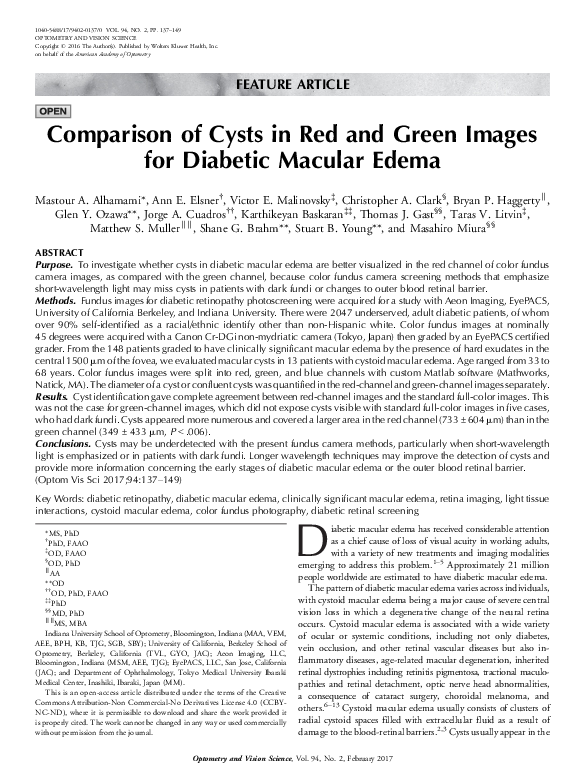 Comparison of Cysts in Red and Green Images for Diabetic Macular Edema