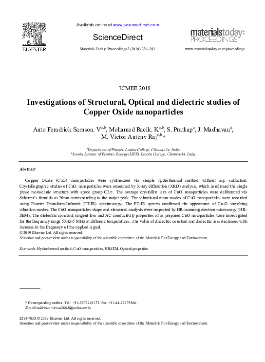 (PDF) Investigations of Structural, Optical and dielectric studies of Copper Oxide nanoparticles