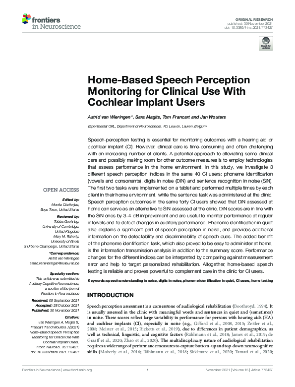 Pdf Home Based Speech Perception Monitoring For Clinical Use With Cochlear Implant Users