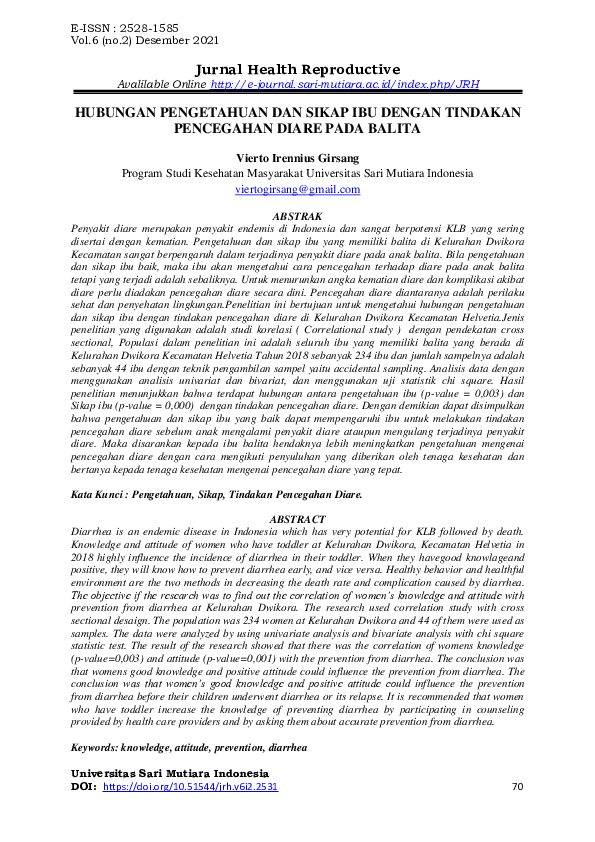 (PDF) Hubungan Pengetahuan Dan Sikap Ibu Dengan Tindakan Pencegahan Diare Pada Balita