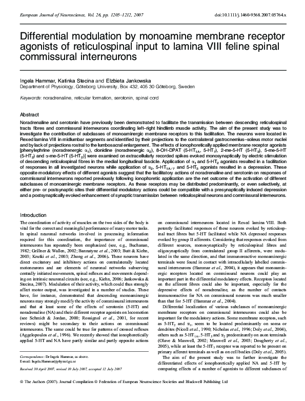 (PDF) Differential modulation by monoamine membrane receptor agonists of reticulospinal input to ...