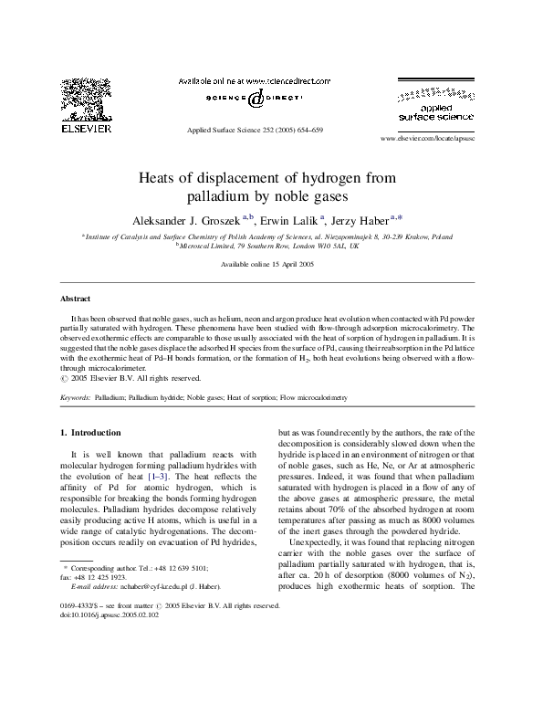 (PDF) Heats of displacement of hydrogen from palladium by noble gases