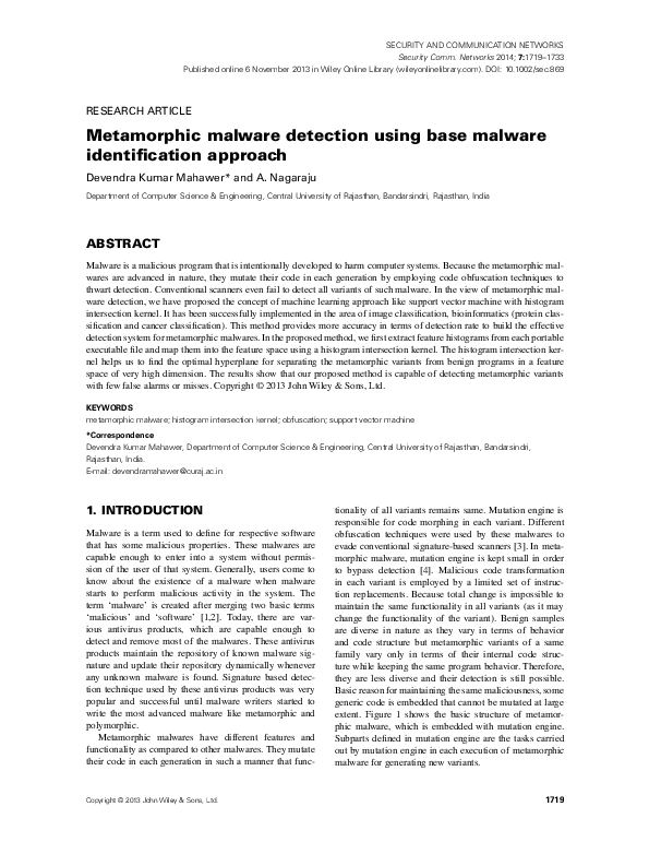Pdf Metamorphic Malware Detection Using Base Malware Identification Approach Naga Raju