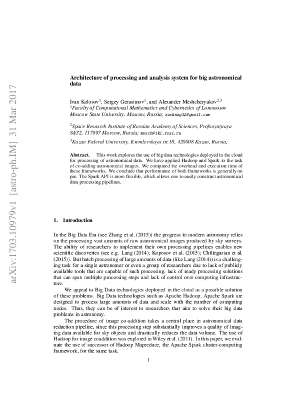 (PDF) Architecture of processing and analysis system for big astronomical data