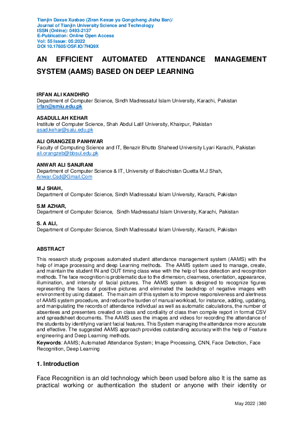 (PDF) AN EFFICIENT AUTOMATED ATTENDANCE MANAGEMENT SYSTEM (AAMS) BASED ON DEEP LEARNING