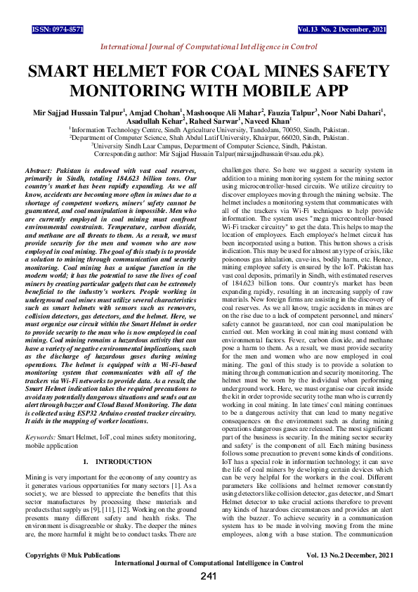 Pdf Smart Helmet For Coal Mines Safety Monitoring With Mobile App