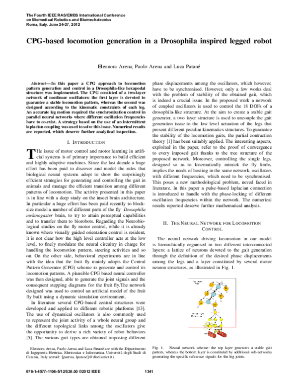 Pdf Cpg Based Locomotion Generation In A Drosophila Inspired Legged Robot