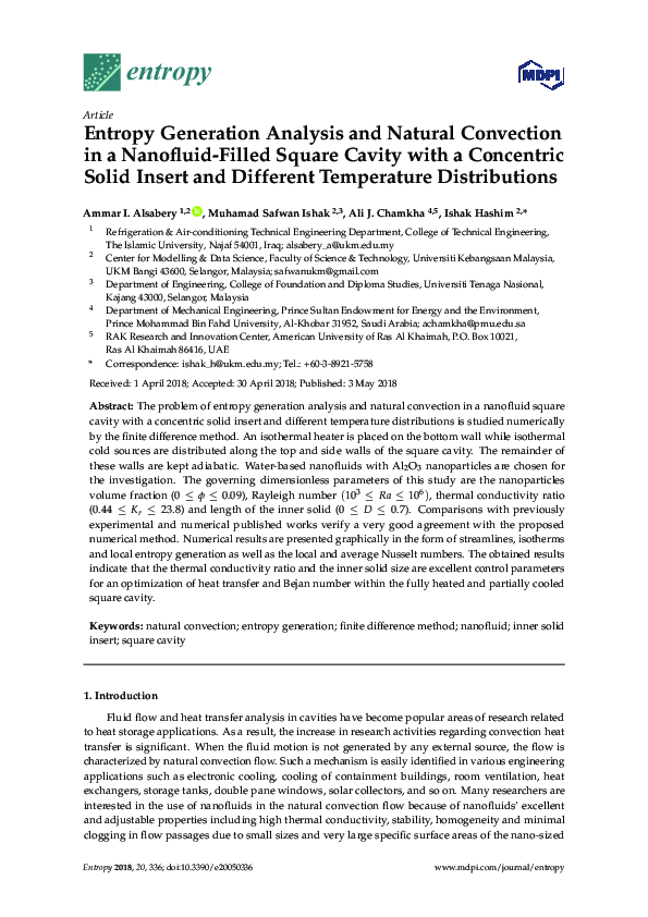 Pdf Entropy Generation Analysis And Natural Convection In A Nanofluid