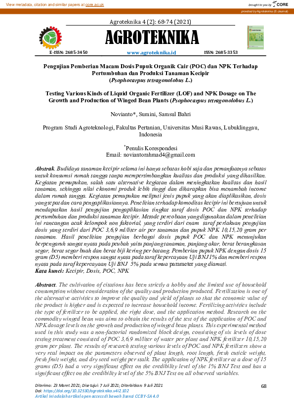 (PDF) Pengujian Pemberian Macam Dosis Pupuk Organik Cair (POC) dan NPK Terhadap Pertumbuhan dan ...