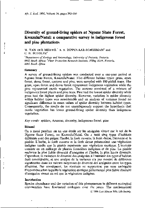 (PDF) Diversity of ground-living spiders at Ngome State Forest, Kwazulu ...