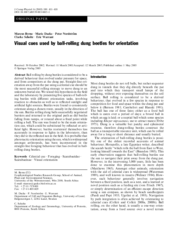 (PDF) Visual cues used by ball-rolling dung beetles for orientation