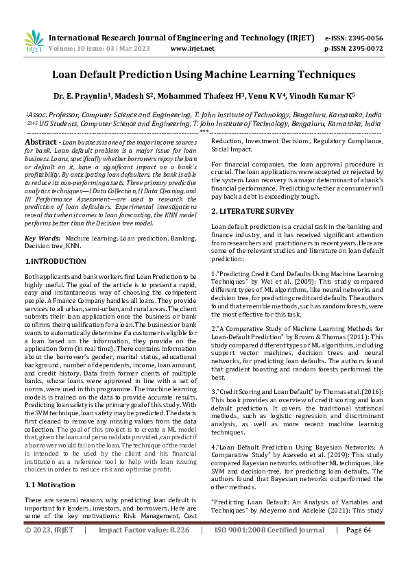 Pdf Loan Default Prediction Using Machine Learning Techniques