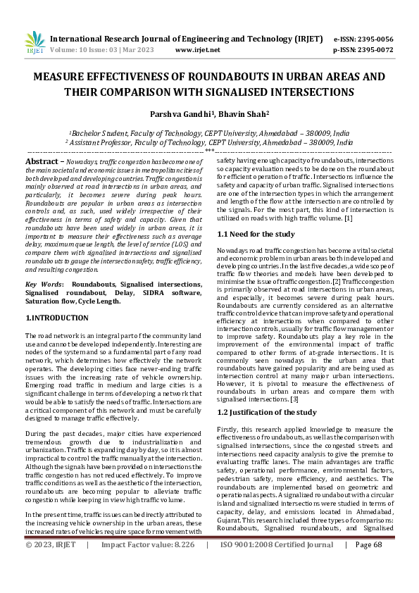 Pdf Measure Effectiveness Of Roundabouts In Urban Areas And Their Comparison With Signalised