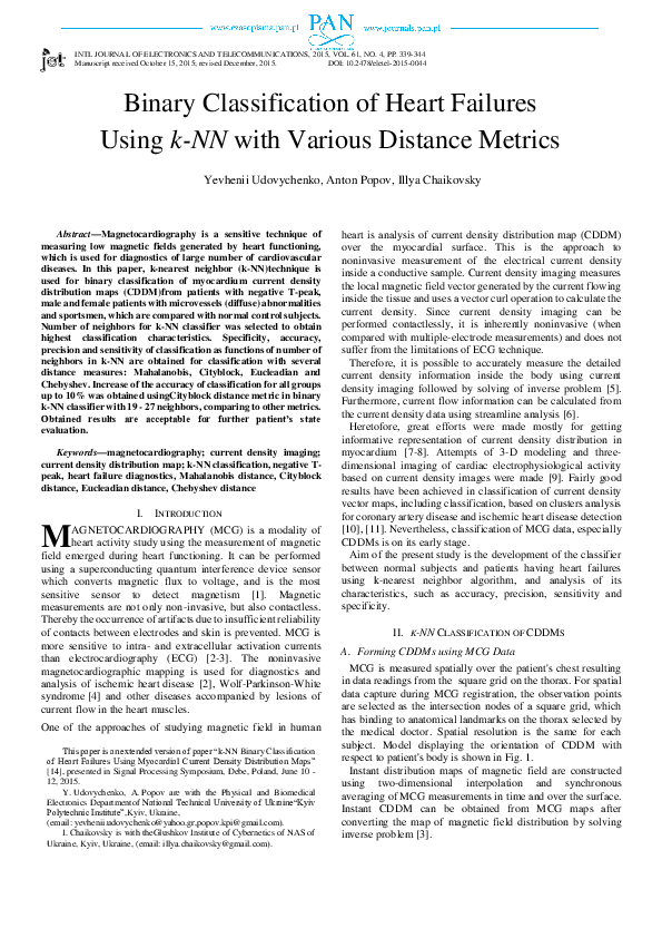 (PDF) Binary Classification of Heart Failures Using k-NN with Various Distance Metrics