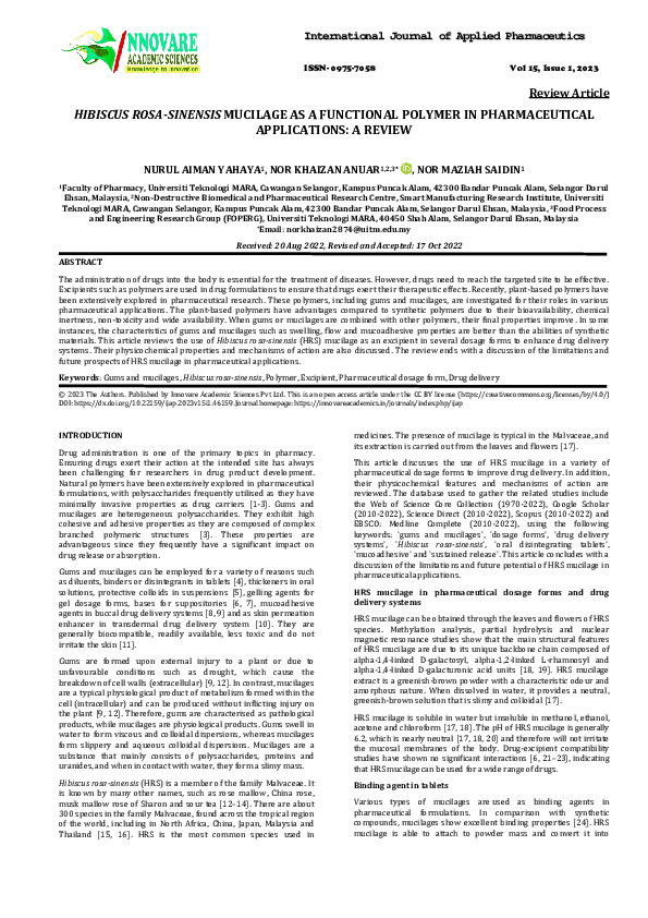 (PDF) HIBISCUS ROSA-SINENSIS MUCILAGE AS A FUNCTIONAL POLYMER IN ...
