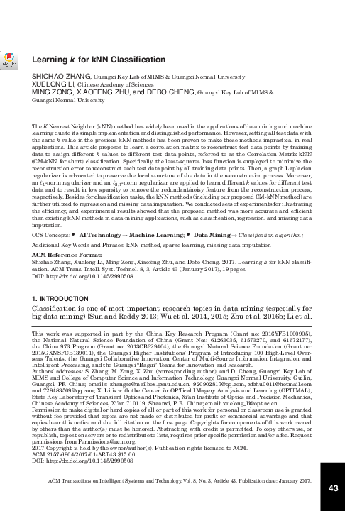 (PDF) Learning k for kNN Classification