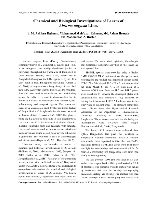(PDF) Chemical and Biological Investigations of Leaves of Abroma ...