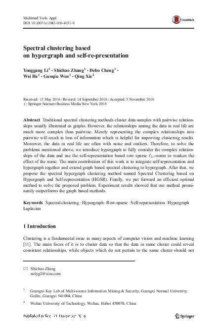 (PDF) Spectral clustering based on hypergraph and self-re-presentation