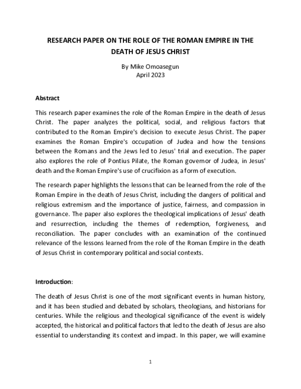 (PDF) RESEARCH PAPER ON THE ROLE OF THE ROMAN EMPIRE IN THE DEATH OF ...