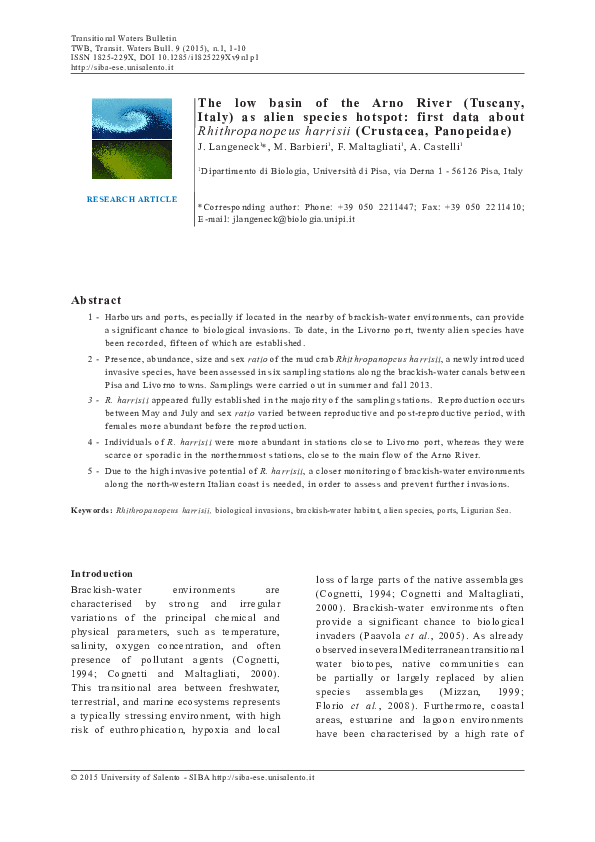 (PDF) Alien Species Hotspot: Rhithropanopeus harrisii in Arno River