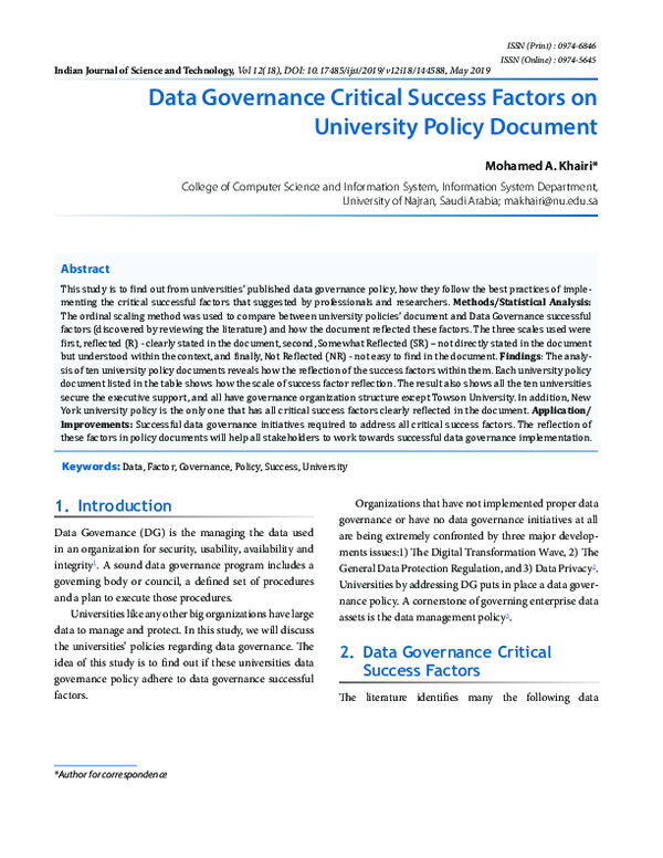(PDF) Data Governance Critical success factors on university policy ...