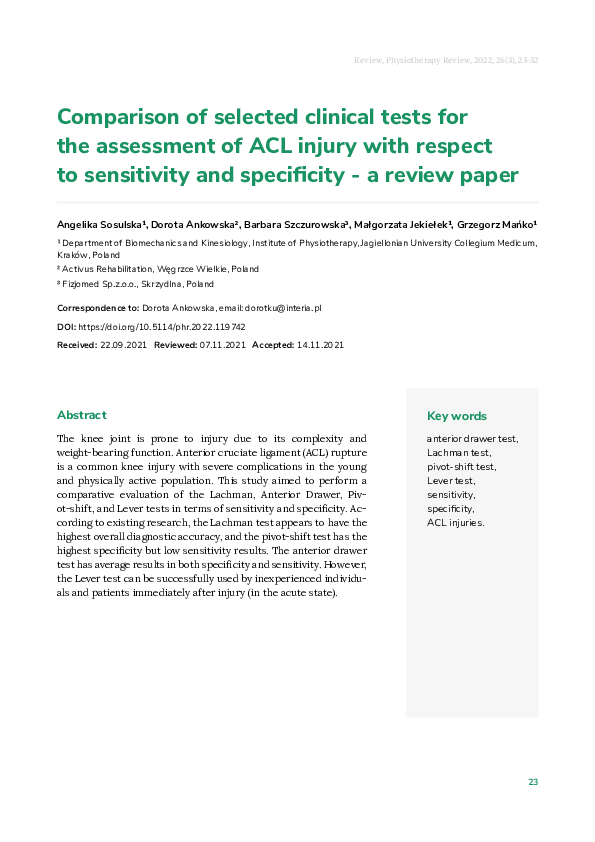 (PDF) Comparison of selected clinical tests for the assessment of ACL ...
